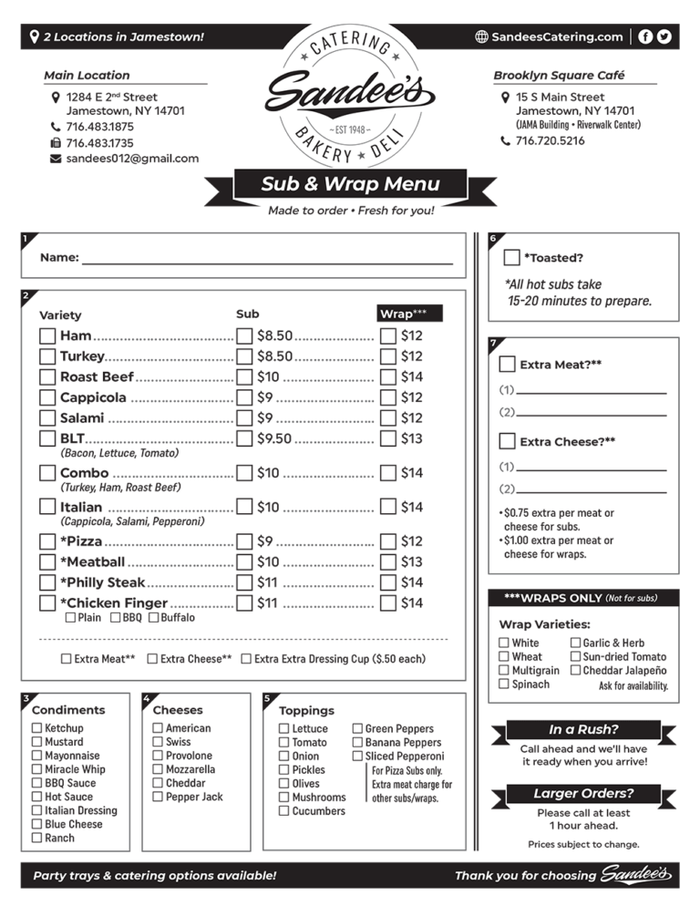 Sub & Wrap Menu - Sandee's Catering | Bakery & Deli