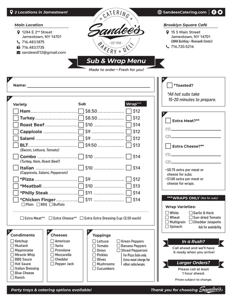 Sub & Wrap Menu - Sandee's Catering | Bakery & Deli