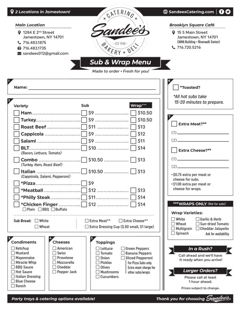 Sub & Wrap Menu - Sandee's Catering | Bakery & Deli